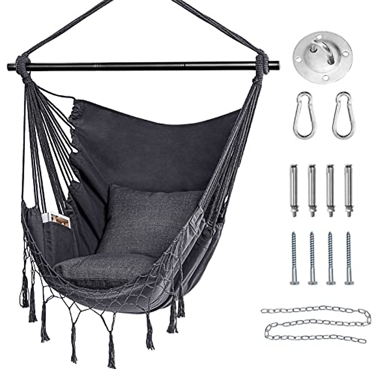 HBlife Hammock Chair, Max 330 Lbs, 2 Pillows Included, Dark Gray Hanging Chair with Pocket and Macrame, Swing Rope Chair for Bedroom, Backyard and Deck