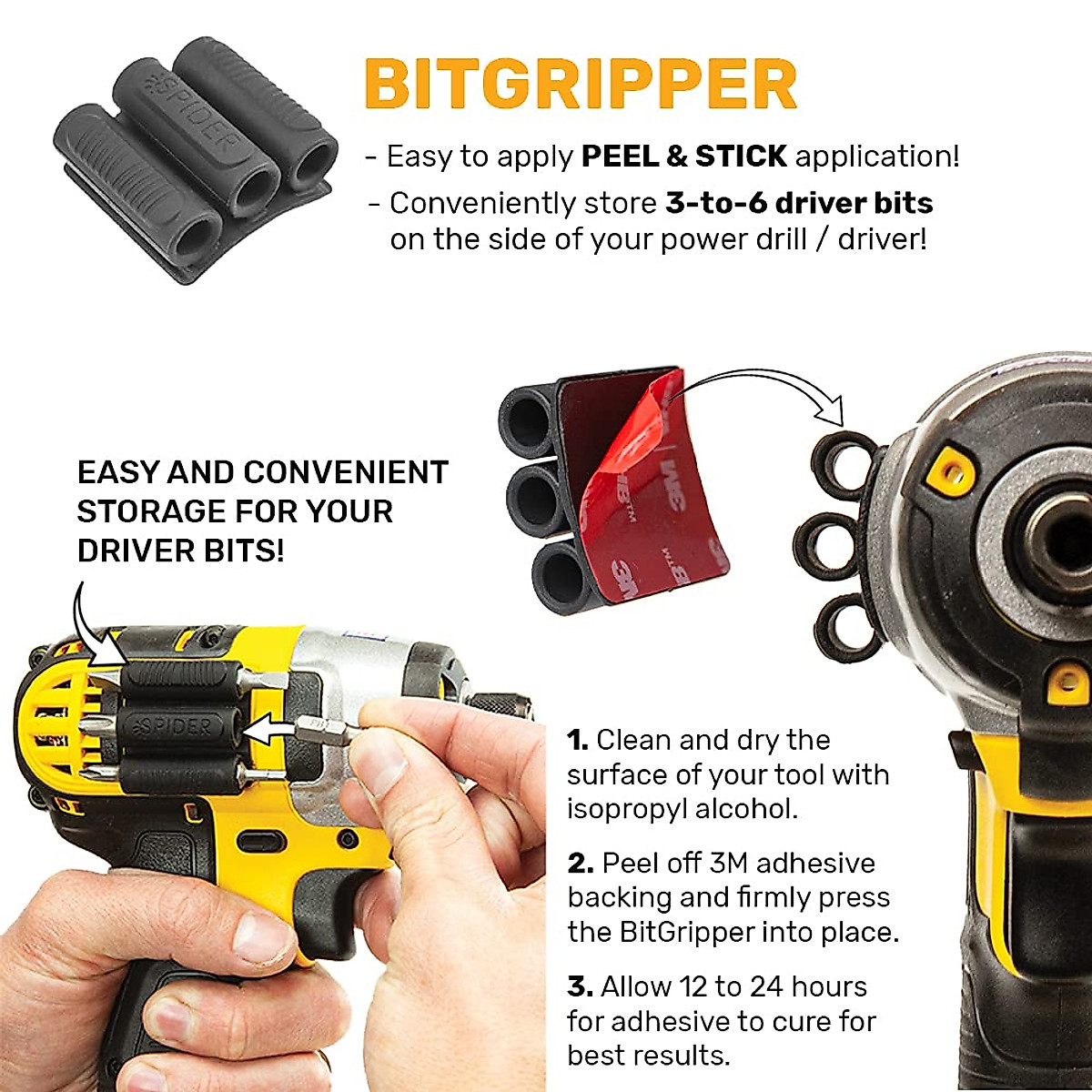 Spider Tool Holster - BitGripper v2 - Pack of Two - High Strength 3M Adhesive Drill add-on for Easy Access to six Driver bits on The Side of Your Power Drill or Driver!