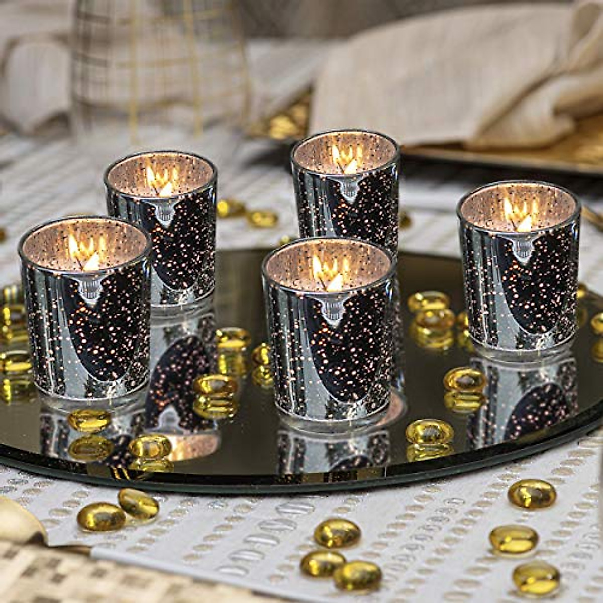 KISCO CANDLES Votive Candles with Holders 24-Pack 10 Hours | Silver Decorative Glass Home Décor | Beautiful Living Room, Kitchen, Bathroom Lighting | Long-Lasting Wax