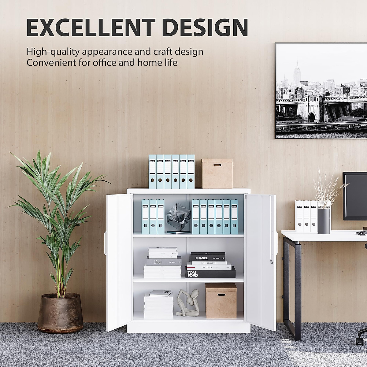 SISESOL Steel Storage Cabinet Office Cabinet with Shelves and 2 Doors,White Metal Storage Cabinet, Locking Small Metal Cabinets,Steel Counter Cabinets with Lock for Garage Home Office Pantry