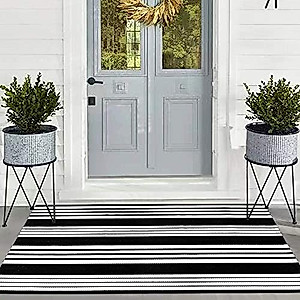 OJIA Cotton Black and White Striped Rug 24'' x 51'' Hand-Woven Indoor/Outdoor Area Rug Layered Door Mats for Front Porch/Entryway/Laundry Room/Bedroom/Outdoor