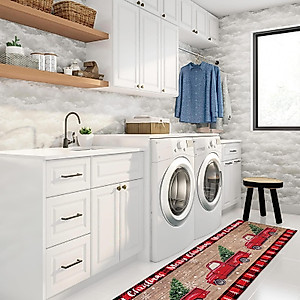 Libaoge Merry Christmas Kitchen Rugs and Mats Set of 1 Red Truck Pull Xmas Tree on Rustic Wood Grain Kitchen Sink Mat,Non-Slip Area Runner Rug,Washable Floor Mat for Home Dining Room Office 15"x47"