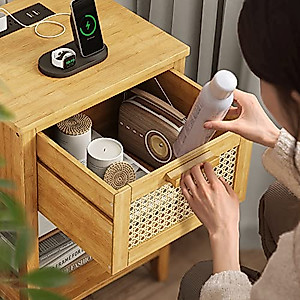VIAGDO Nightstand with Charging Station, Bamboo End Table, Bedside Table with Rattan Drawer, Night Stand for Bedroom, Natural