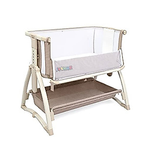 JOYMOR Bedside Sleeper Rocking Bassinet, Height Adjustable Breathable Net Bed Side Baby Cribs with Washable Mattress,Mosquito Net,Storage Basket for Infants, Beige