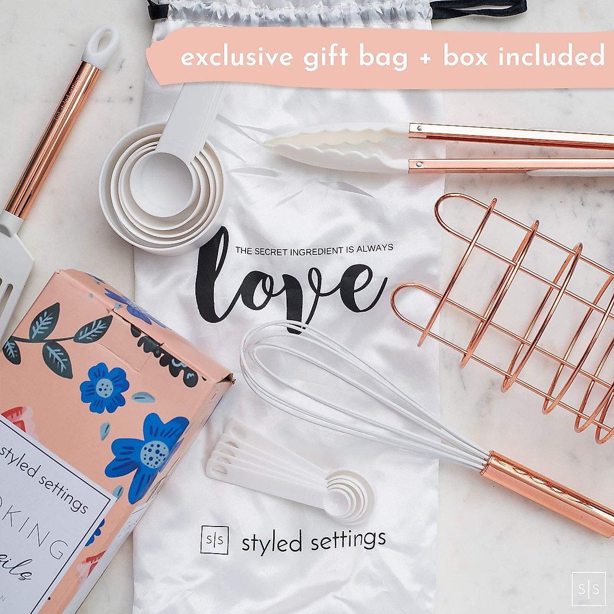 White and Copper Kitchen Utensils - 18 PC Copper Cooking Utensils Set Includes Copper Utensil Holder, White & Copper Measuring Cups and Spoons, Rose Gold Kitchen Utensils - Copper Kitchen Accessories