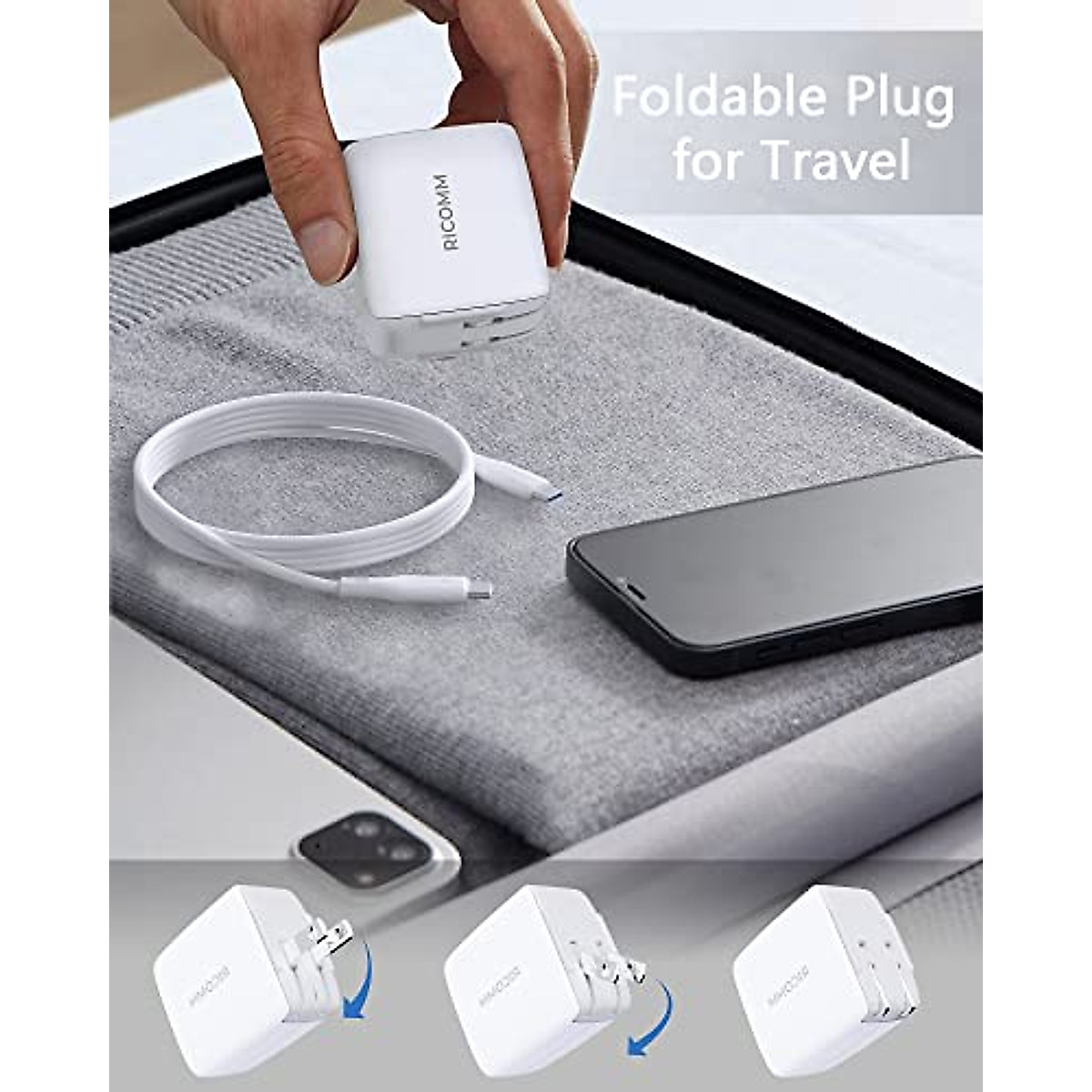 USB C Charger 65W, RICOMM GaN PPS Fast Charger Adapter Kit (Soft Silicone Cable Included) Travel Wall Charger Foldable Plug for MacBook, iPhone Pro Max, iPad, AirPods, Samsung Galaxy S22/S20/S10