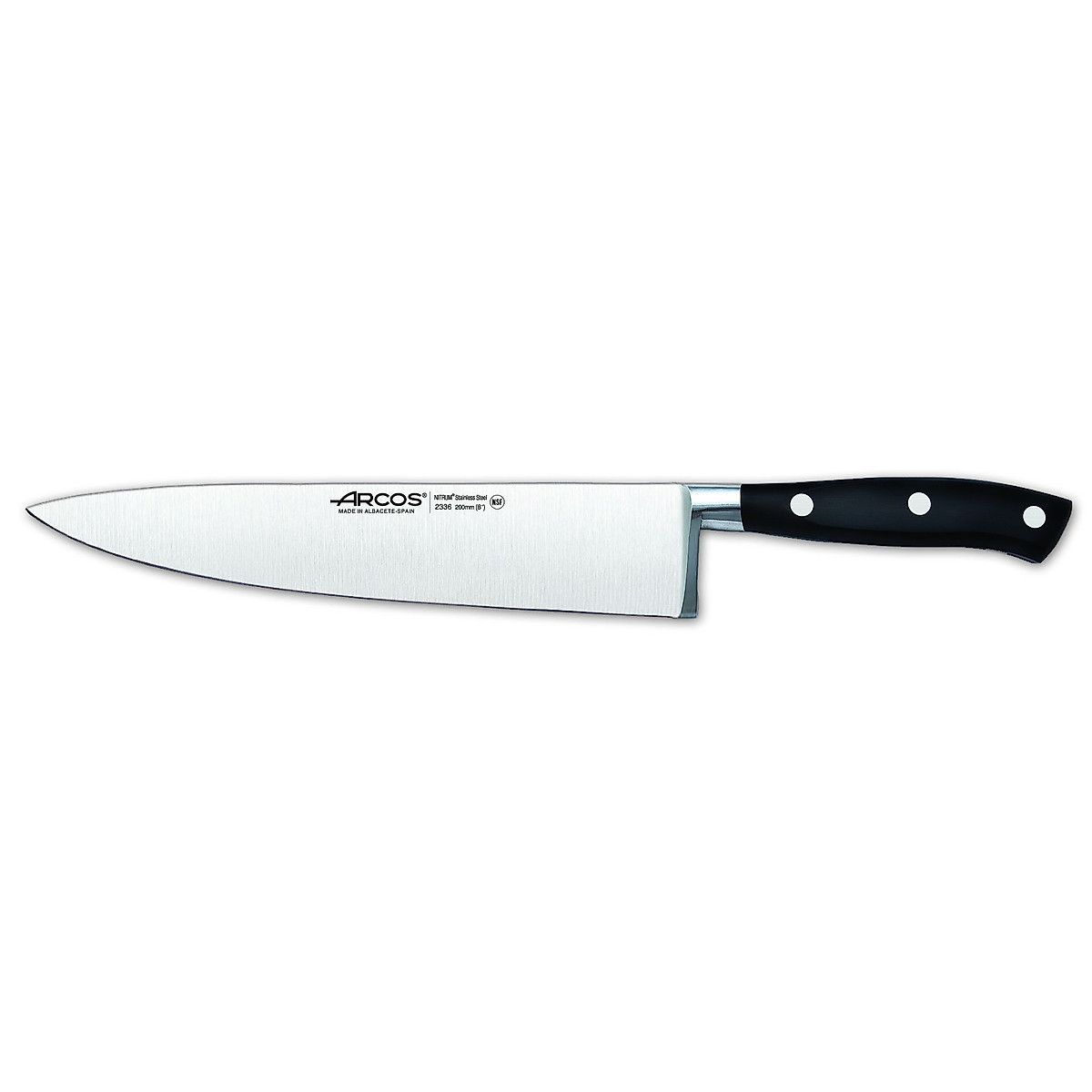 ARCOS Chef Knife 8 Inch Stainless Steel. Professional Cooking Knife for Cutting Fish, Meat and Onion. Ergonomic Polyoxymethylene Handle and 200mm Blade. Series Riviera. Color Black