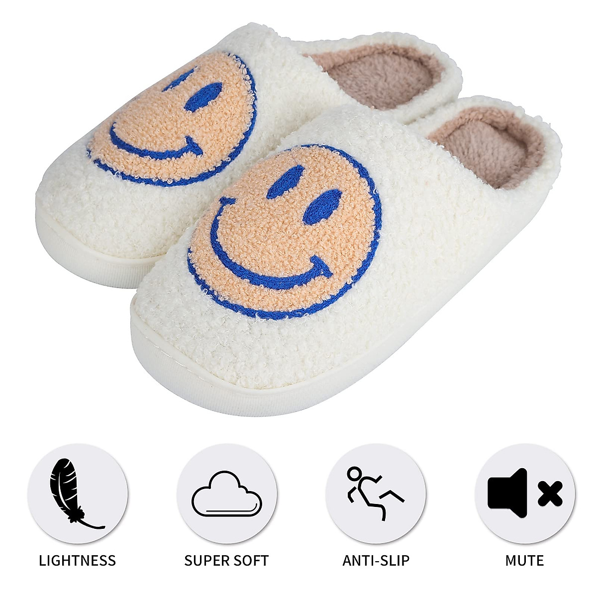 RaepperHan Smile Face Slippers, Ladies Retro Soft Plush Lightweight Home Slippers Slip On Comfortable Indoor Outdoor Non-Slip Sole Cute Fashion Gift White-purple, 7.5-8.5 Women/6-7 Men