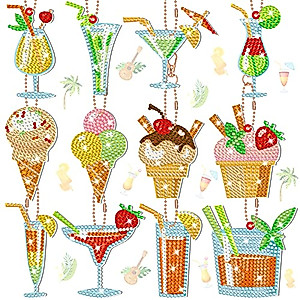 12 Pcs Diamond Painting Keychain Kits Double Sided Diamond Painting Key Rings Full Diamond Art Keychain Summer DIY Diamond Art Ornaments for Adults Kids Purse Backpack Handbag(Cocktail, Ice Cream)