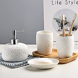 Bathroom Accessories Set with Embossed Design 5PCS, Ceramic White Bathroom Accessory Set, 2Pcs Bathroom Soap Dispenser 14oz, 2Pcs Tumbler Cup, 1Pcs Soap Dish, ANTIS'S HOME
