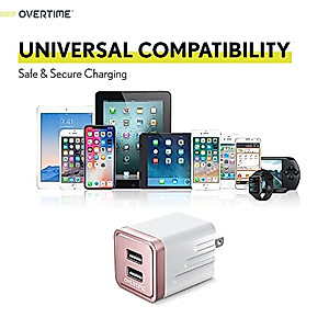 Dual USB Wall Charger, Overtime Universal 2.4Amp Plug Cube Quick Phone Power Adapter for iPhone 11 Pro Max X Xs XR 8 7 SE iPad Pro Air Mini Samsung Galaxy S7 S6 S5 Kindle (Rose Gold, 1 Pack)