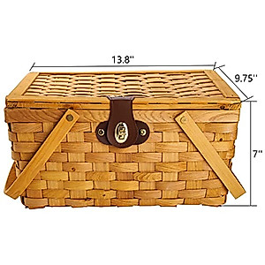 Yesland Picnic Basket with Lid and Double Folding Handles, Wood Chip Easter Basket with Gingham Pattern Lining Organizer - Blanket Storage for Egg Gathering Wedding Candy Gift - 13.8 x 9.7 x 7 Inch