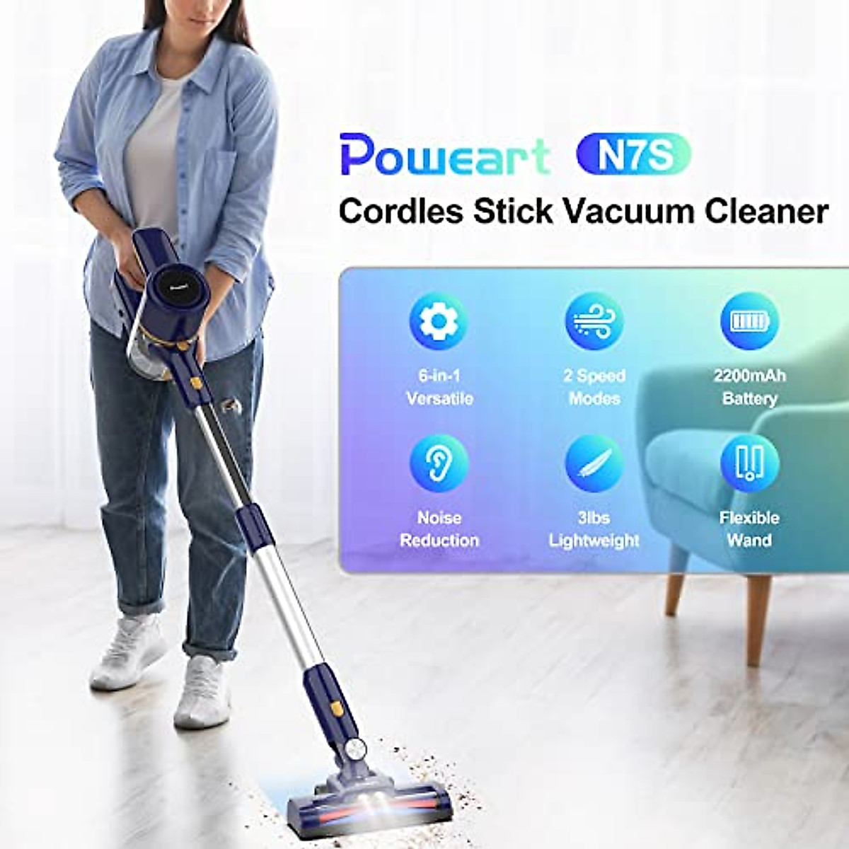 POWEART Cordless Vacuum Cleaner, 6 in 1 Multifunction Cordless Stick Vacuum, 2200mAh Vacuum Cleaner Rechargeable, Lightweight Vacuum Cleaner Hardwood Floor Pet Hair Home - Telescopic