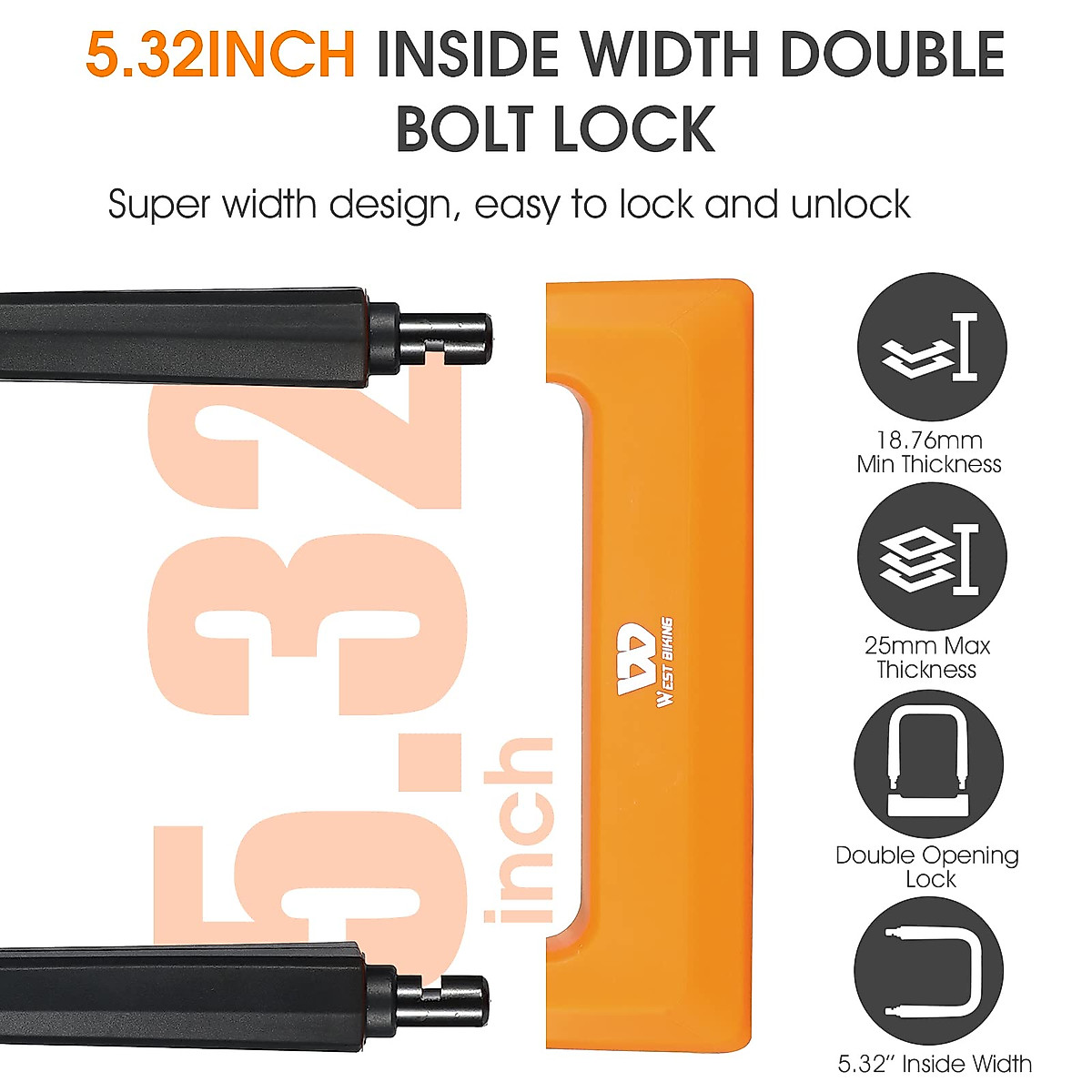 ICOCOPRO Anti Theft Heavy Duty Bicycle U Lock with 3 Keys, 18.76mm, Black, 5.32 in Width Inside Dimension