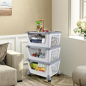 Neadas 3 Tier Stackable Storage Baskets with Wheels, Rolling Stackable Basket, Gray