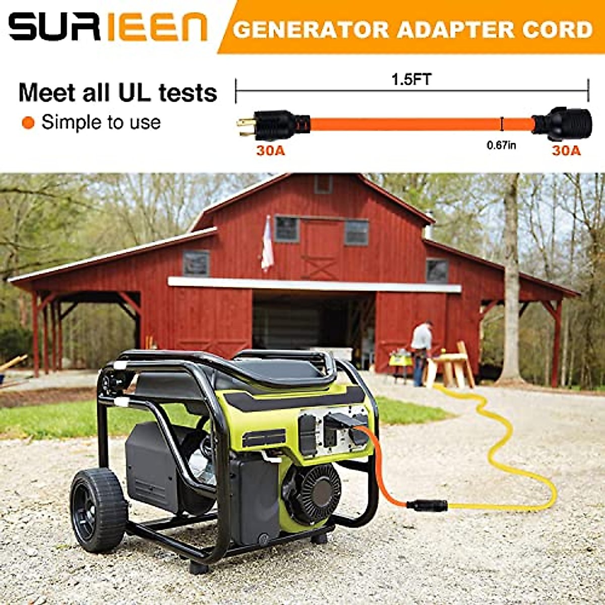 SURIEEN NEMA L5-30P to L14-30R Generator Transfer Switch Adapter Cord, 30 Amp 3 Prong to 4 Prong Generator Plug Adapter Twist Lock to House Inlet Box with Power Indicator, STW 10 Gauge 1.5FT