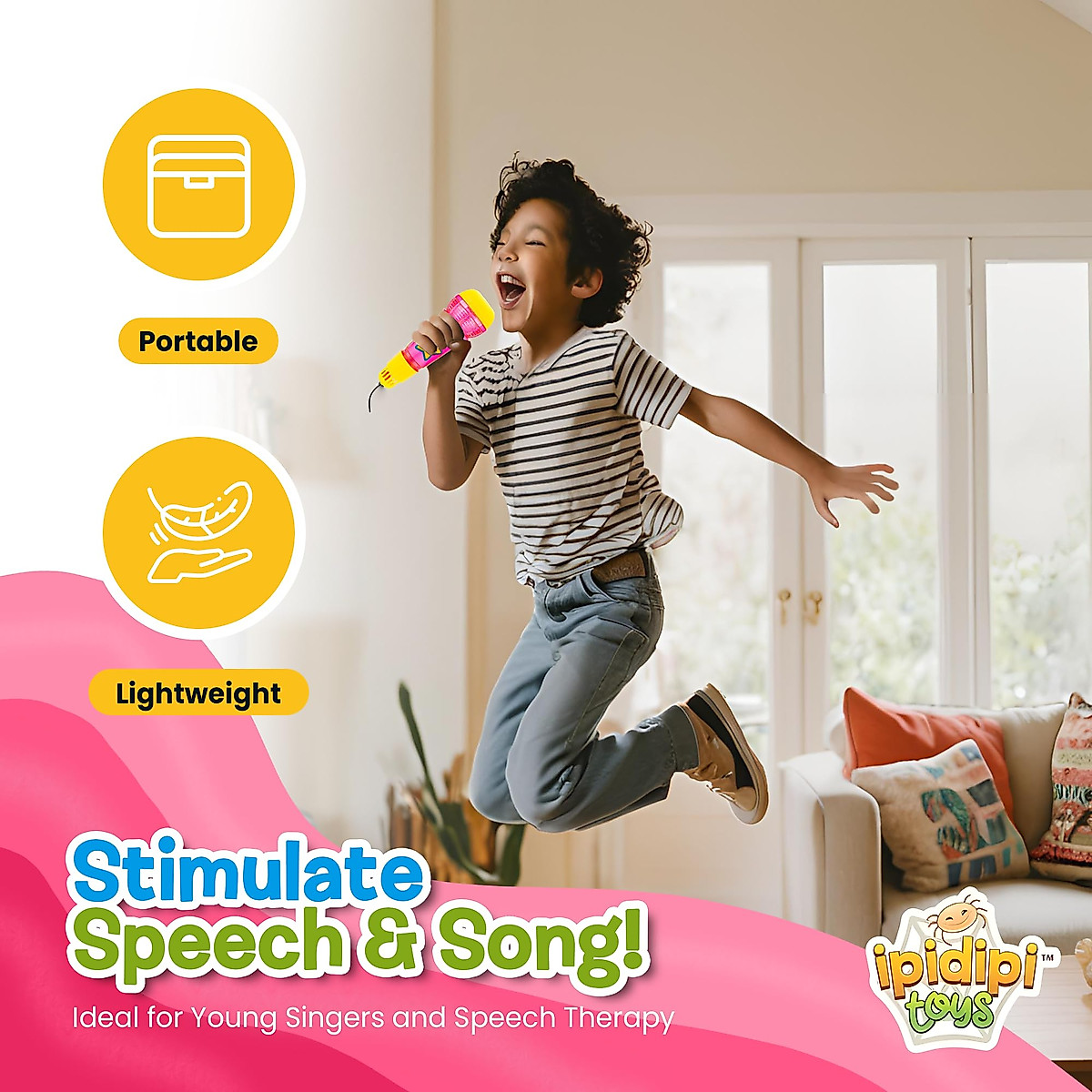 IPIDIPI TOYS Echo Microphone for Kids - Stocking Stuffers, Magic Microphone for Toddlers with Multicolored Flashing Light - Speech Therapy Toys and Retro Gift Mic Toy for Girls (Pink/Yellow)