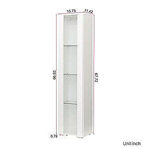 SSLine Modern LED Display Cabinet with Door and 4 Glass Shelves 67" Tall Curio Storage Cabinet Bookcase with LED Light Stylish White Wood Utility Locker Cabinet for Home Office