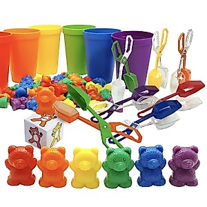 Skoolzy Color Sorting Bears, Matching Cups & Rainbow Fine Motor Tongs with Dice - 76pc - Preschool Learning Toys for 3 Year Olds +