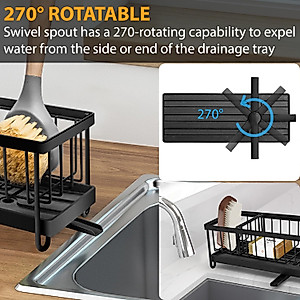 KSEV Sink Caddy with Adjustable Auto Spout Drain Pan, (Stainless Steel Rustproof) Kitchen Countertop Sink Organizer Rack Storage Holder with Divider for Countertop Sponge Soap Brush Dispenser (Black)