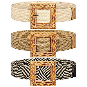 3 Pieces Straw Woven Belt Elastic Stretch Belt Boho Waist Belt Skinny Dress Braided Belt Wooden Buckle for Women