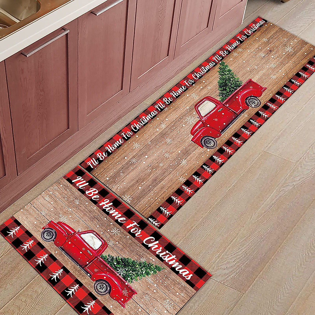 Arts Print Buffalo Plaid Kitchen Rug Mat Set of 2,Christmas Red Truck with Christmas Tree Retro Wood Grain Runner Rug,Non-Slip Durable Kitchen Floor Mat for Sink,Bathroom,15.7x23.6Inch+15.7x47.2Inch