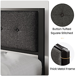 SHA CERLIN Full Size Metal Platform Bed Frame with Upholstered Button Tufted Headboard, Easy Assembly, Dark Grey