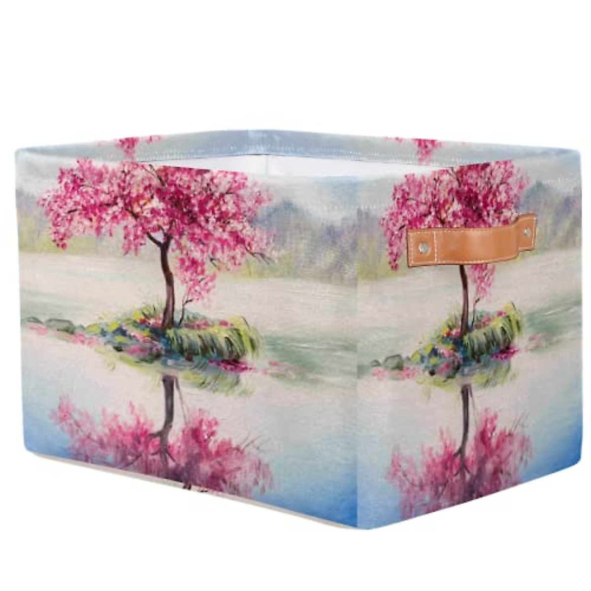 Oil Painting Of Cherry Trees Storage Basket, Collapsible Canvas Fabric Storage Toys Bin Shelves Decor Laundry Organizer with Leather Handles for Closet Shelf Nursery Bedroom 15x11x9.5 In