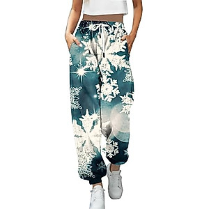Oversized Sweatpants,High Waisted Sweatpants for Women Christmas Print Elastic Waisted Workout Jogging Drawstring Casual Baggy Lounge Bottoms Snowflake Graphic Print Light Blue XL