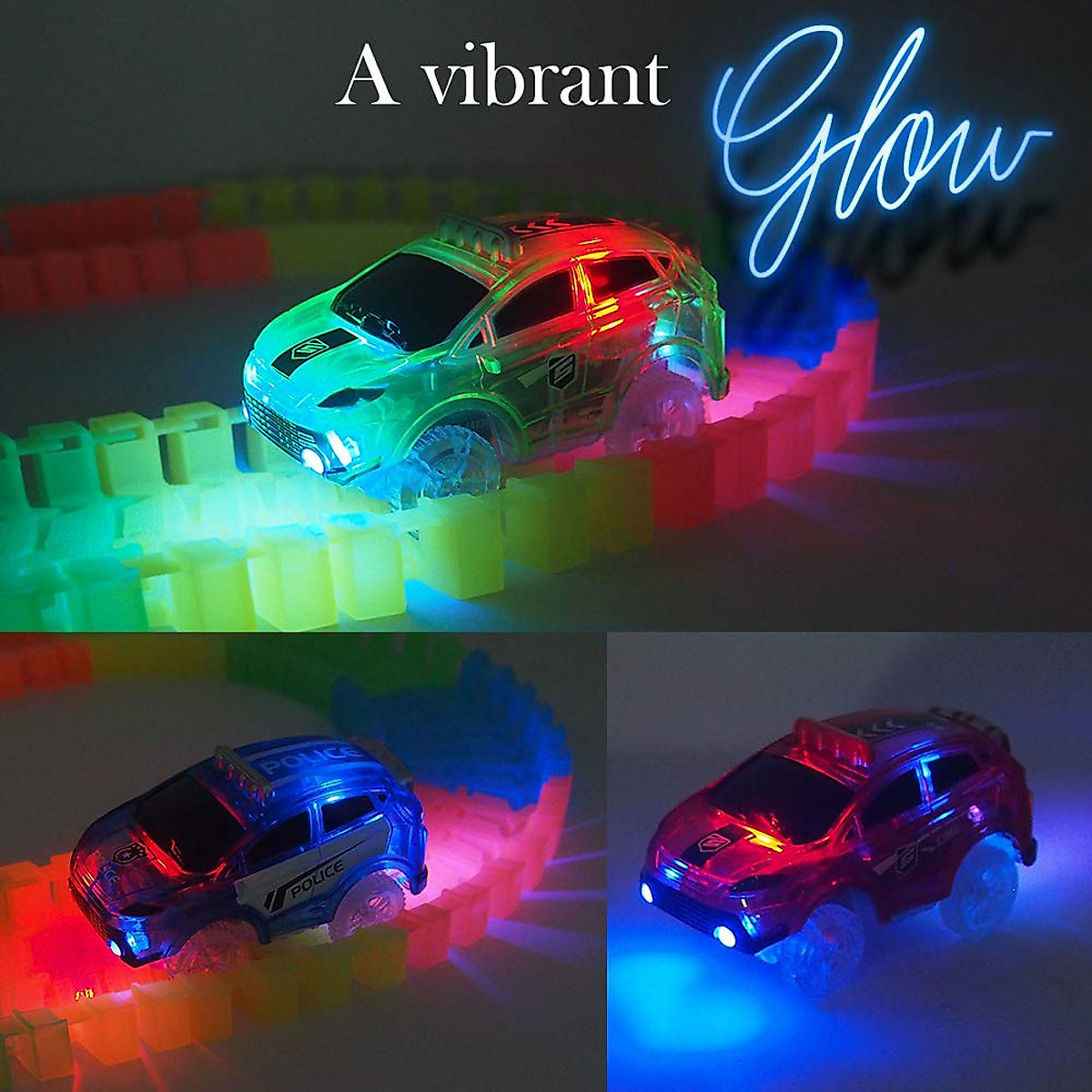 TornadoZ Tracks Cars Replacement Only with 5 LED Flashing Lights Up car, Compatible with Most Tracks, Glow in The Dark, Racing Car Track Accessories, Gift, Kid Boy Girl (4 Pack)
