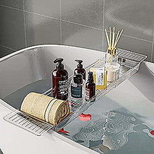 Ollimy Bath Shelf Bathtub Tray, Adjustable Bathtub Caddy Tray Storage Rack - Bathroom Bathtub Tray - Expandable Bath Shelf Fits All Tubs (Transparent)