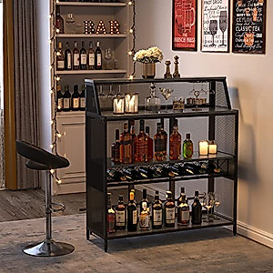 REHOOPEX Home Bar, 4 Tier Industrial 51in Bar Cabinet, Farmhouse Liquor Cabinet with Footrest, Wood Bar Cabinet Wine Storage Shelf, Metal Buffet Cabinet for Home, Kitchen, Pub (Black)
