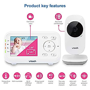 VTech Video Baby Monitor with 1000ft Long Range, Auto Night Vision, 2.8” Screen, 2-Way Audio Talk, Temperature Sensor, Power Saving Mode, Lullabies and Wall-mountable Camera with bracket, White