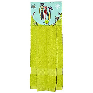 Hanging Hand Towel - Mod Cats On Aqua with Green Starburst Accent Fabric - Plush Green Kitchen Towel