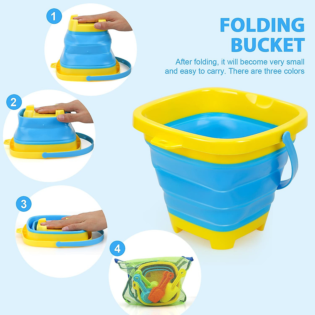 TOY Life Beach Toys for Toddler 1-3 Sand Toys for Kids Beach Toys for Kids Ages 4-8 with 4 Callapsible Buckets Sandbox Toys Beach Toys for Kids Ages 8-12 with Shovels Collapsible Beach Toys 2.5L