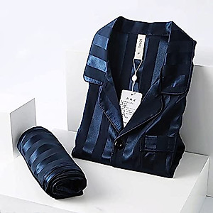 Mens Silk Satin Pajamas Set Sleepwear Loungewear Navy Blue L