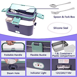 Eleckfun Electric Lunch Box Food Heater, 2 in 1 Heated Lunch Box for Car Truck Home Work Adults Food Heating, Leak Proof, 1.8L Removable Stainless Steel Container, 110V/12V/24V 80W