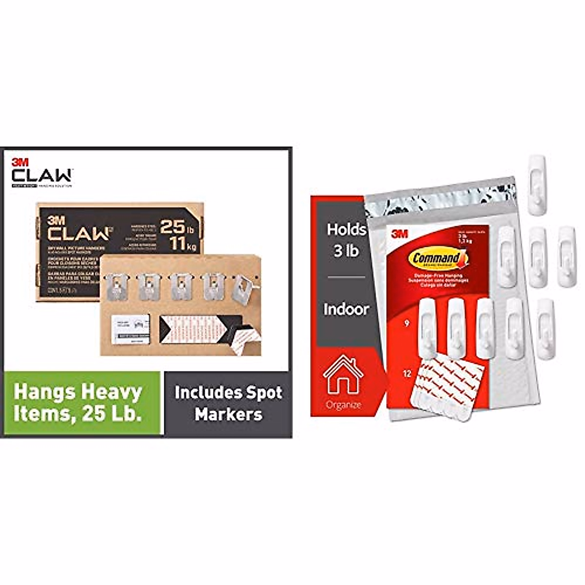 3M CLAW Drywall Picture Hangers holds 25 lb. & Command Medium Utility Hooks, 9-Hooks, 12-Strips