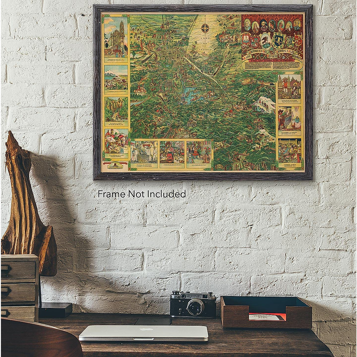 Antiguos Maps Valley of Mexico, Mexico City Pictoral Map c. 1930 - Mapa Pintoresco del Distrito Federal Yalre Dedores - measures 24 inches x 36 inches (610 mm x 915 mm)