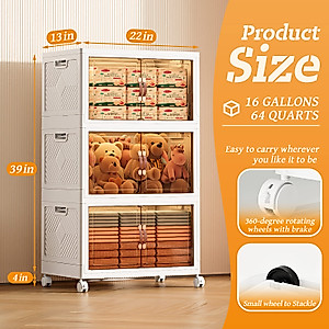 TerriTrophy XXLarge Collapsible Storage Bins With Lid and Wheels-16 Gal,64 Quart-3 Packs Stackable Storage Bins with Lid, Foldable Storage Bins for Closet Organizers and Storage for Home