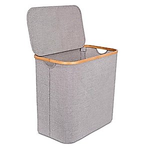 BIRDROCK HOME Bamboo & Canvas Hamper - Single Laundry Basket with Lid - Modern Foldable Hamper - Cut Out Handles - Grey Narrow Design - Great for Kids Adults