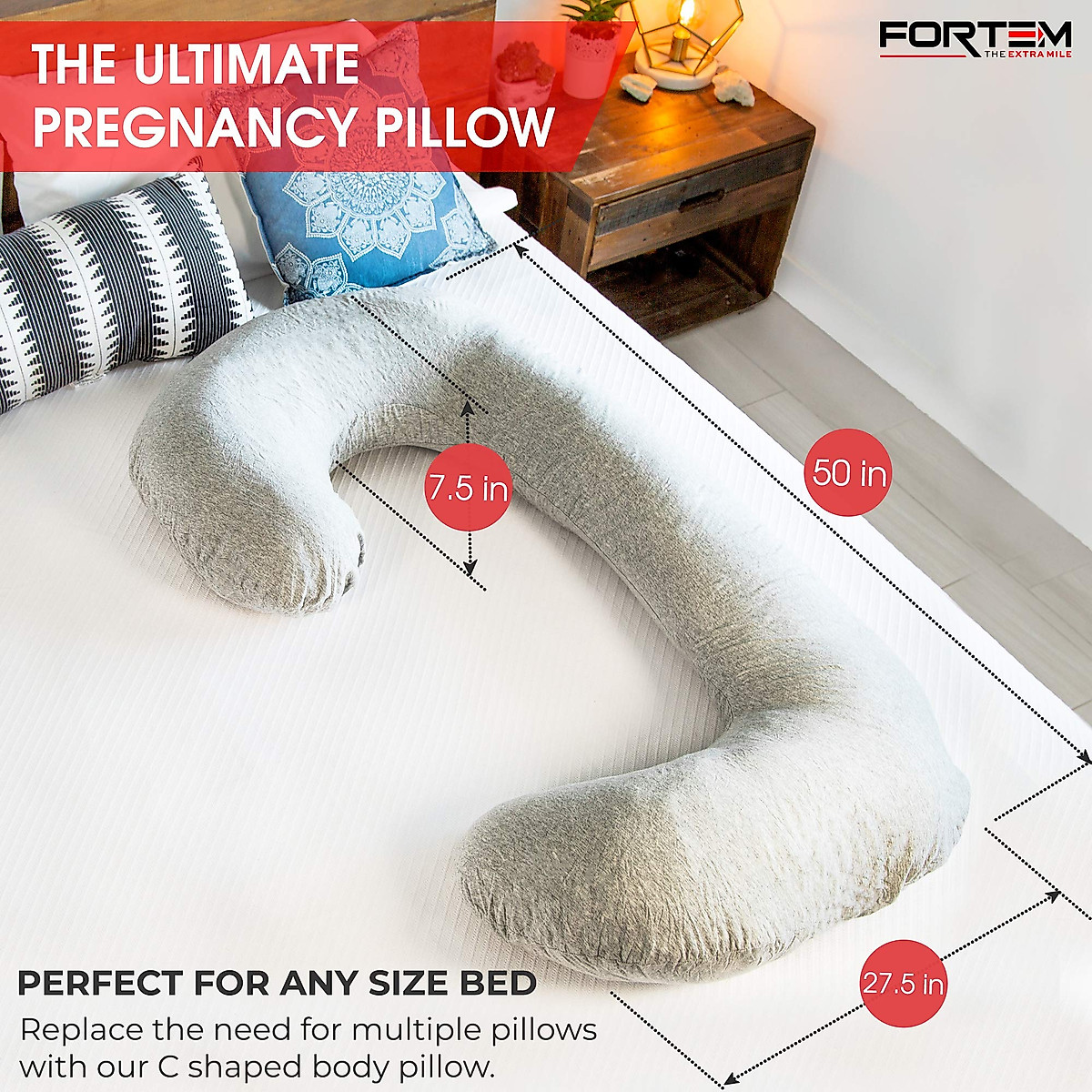 FORTEM Pregnancy Pillow for Maternity, C Shaped Full Body Pillow w/ Knee & Neck Support, Washable Cover