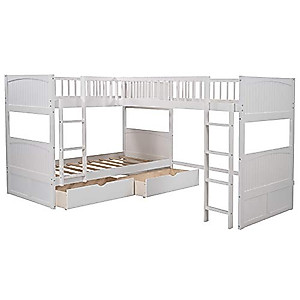 BOVZA Twin Over Twin L-Shaped Triple Bunk Beds with 2 Storage Drawers and 2 Ladders, Wood Bunk Beds with a Loft Attached for 3 Kids Teens, White