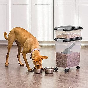 IRIS USA 3-Piece 35 Lbs / 45 Qt WeatherPro Airtight Pet Food Storage Container Combo with Scoop and Treat Box for Dog Cat and Bird Food, Keep Pests Out, Translucent Body, Easy Mobility, Black