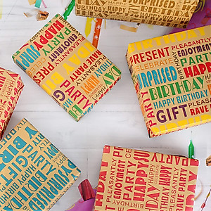 Birthday Wrapping Paper for Men Boys Women Girls Adults Kids,Happy Birthday Wrapping Paper Sheets,Recycled Gift Wrapping Paper Birthday Gift Wrap for Boys Women Girls Men Birthday Paper,Brown Kraft Present Wrapping Paper and Ribbon Bow Set with sticker fo