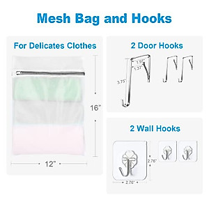 Hanging Laundry Hamper(30"L x 20"W) with 2 Adjustable Stainless Steel Over Door Hooks 30Lb& 2 Adhesive Hooks 2.75"L 25Lb & Grey Mesh Laundry Bag. Large Size Door Hamper for Kids Room, Bathroom, Dorm
