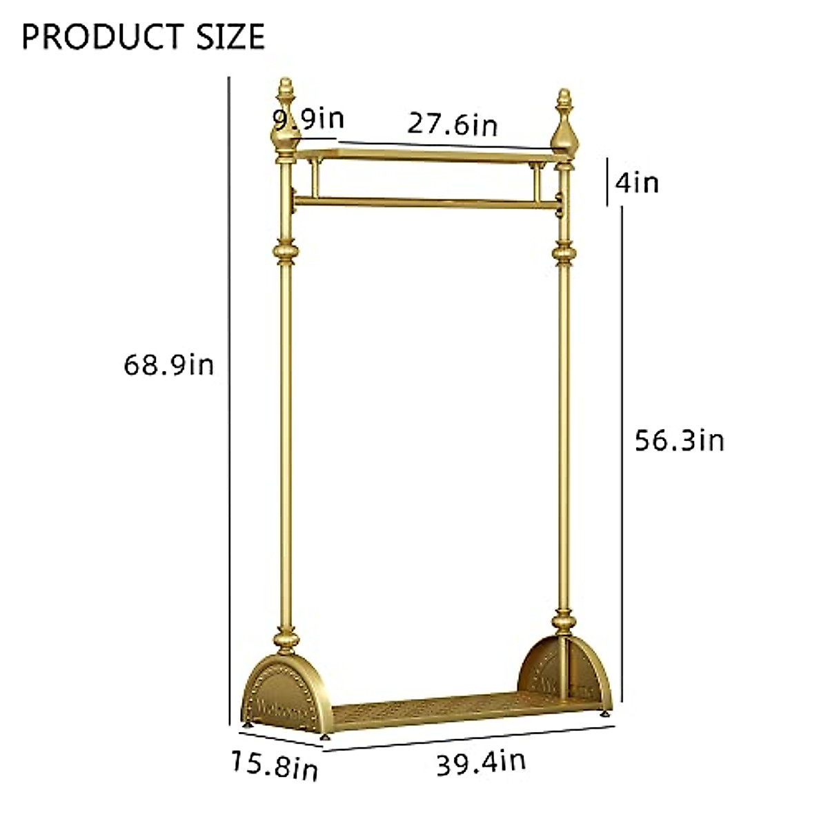 Clothing Rack Gold, Industrial Clothes Rack for hanging Clothes with Double Shelves Freestanding Multi-functional Heavy Duty Garment Rack, Metal Movable Coat Rack for Organizing Clothes Shoes