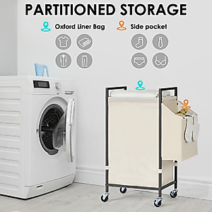 Laundry Hamper with Rustic Brown Lid & Wheels; 96L Large Rolling Laundry Basket with Removable Oxford Liner Bag; Tall Freestanding Dirty Clothes Hamper with Side Pocket; Metal Frame Laundry Cart
