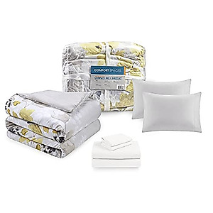 Comfort Spaces Bed in A Bag - Trendy Casual Design Cozy Comforter with Complete Sheet Set with Side Pocket, All Season Cover, Matching Shams, Queen, Nina, Leaf Yellow/Grey 9 Piece