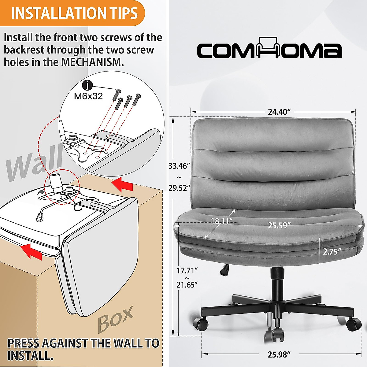 COMHOMA Criss Cross Chair with Wheels, Armless Wide Cross Legged Office Chair Mid Back, Modern Home Office Desk Chair Swivel Adjustable Vanity Computer Chair, Gray Velvet